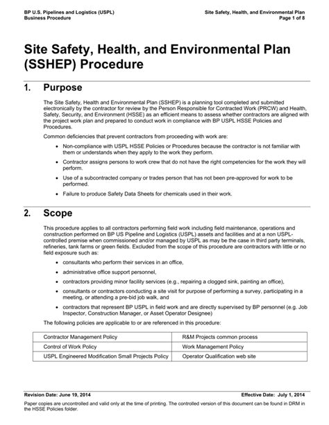 Site Safety Health And Environmental Plan Sshep