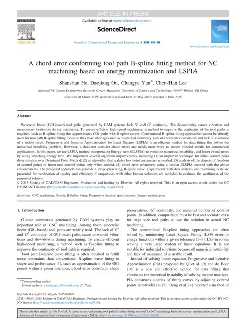 Pdf A Chord Error Conforming Tool Path B Spline Fitting Method For Nc Machining Based On