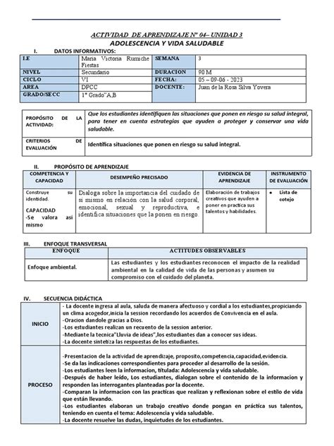 Sesión De Aprendizaje Nº11 Dpcc 2023 Pdf