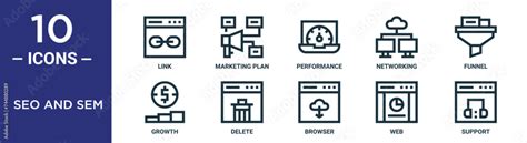 Seo And Sem Outline Icon Set Includes Thin Line Link Performance Funnel Delete Web Support