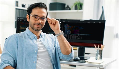 Profile It Looking Camera Wearing Glasses Against Coding On Pc Surmise