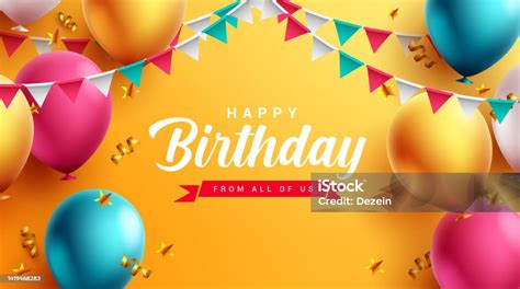 생일 텍스트 벡터 디자인 풍선 색종이 및 페넌트 요소가있는 생일 축하 생일에 대한 스톡 벡터 아트 및 기타 이미지 생일