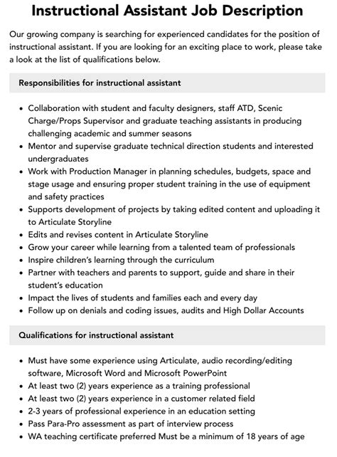 Instructional Assistant Job Description Velvet Jobs