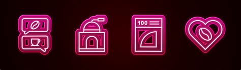 라인 커피와 대화 수동 커피 그라인더 종이 필터 및 연인을 설정합니다 빛나는 네온 아이콘입니다 벡터 Brand Name