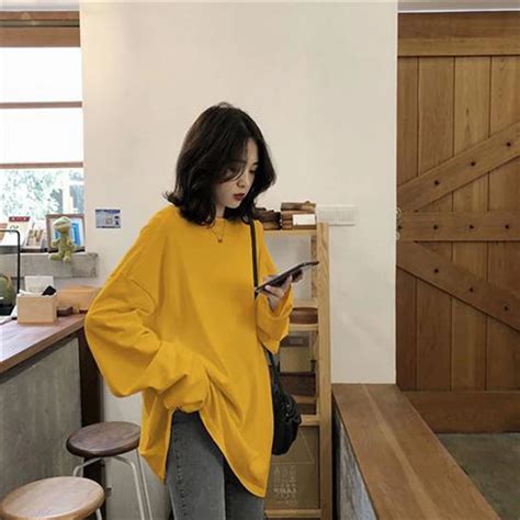 봄 가을 일반 색상 간단한 한국어 버전 느슨한 중간 긴 티셔츠 여성 특대 카와이 화이트 긴 소매 탑 Aliexpress