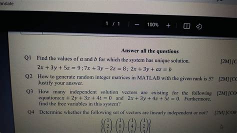 answer all the questions q1 find the values of a and b for which the syst