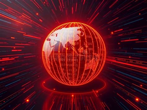 Red Glowing Globe With Binary Code And Motion Lines — Futuristic Technology Symbol Stock
