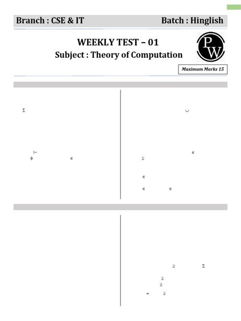 Theory Of Computation Weekly Test 01 Test Paper Pdf Regular Expression Theory Of