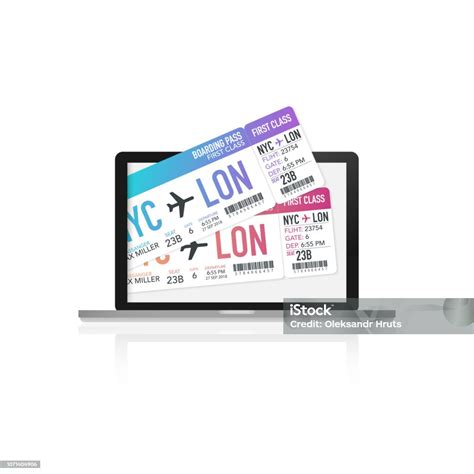 노트북에 비행기 티켓을 구입 컴퓨터에는 비행기 티켓입니다 벡터 일러스트입니다 구매에 대한 스톡 벡터 아트 및 기타 이미지 구매 비행기 티켓 개념 Istock