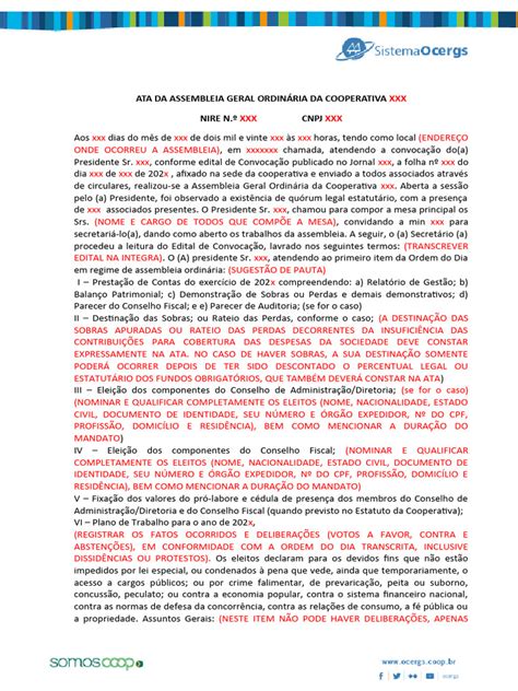 A1 Modelo De Ata Da Assembleia Geral Ordinaria Download Grátis Pdf