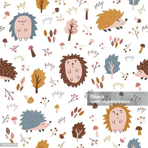 고슴도치 버섯 잎이 있는 매끄러운 가을 패턴 창조적 인 스칸디나비아 배경 어린이 의류 직물 섬유 보육 장식 포장지에 적합합니다 벡터 일러스트레이션 벡터에 대한 스톡 벡터