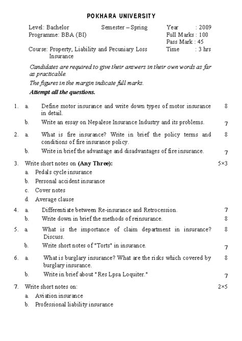 Property Liability And Pecuniary Loss Insurance The Figures In The Margin Indicate Full Marks