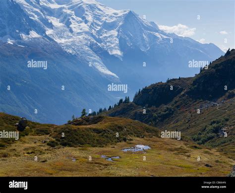 Views Across The Chamonix Valley Towards The Mont Blanc Massif Stock
