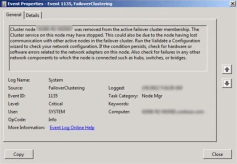 sql server event id 1135 cluster node nodename was removed from