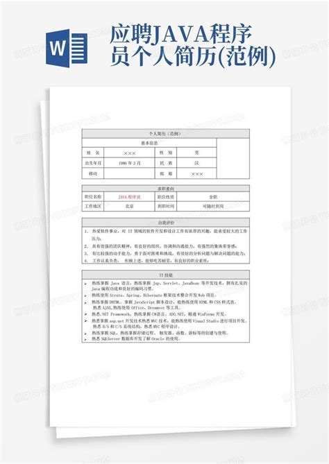 应聘java程序员个人简历 范例 Word模板下载 编号lwakebkm 熊猫办公