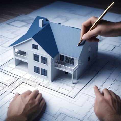 Detailed Architectural Model Of A House On Blueprints With Hands Taking Notes Professional