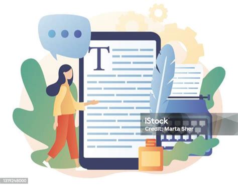 스마트 폰 응용 프로그램에서 텍스트를 입력 하는 작은 창조적 인 여자 전문 작가 저자 레드 배우 저널리스트 카피 라이터 콘텐츠 관리자 블로거 현대 플랫 만화 스타일 벡터