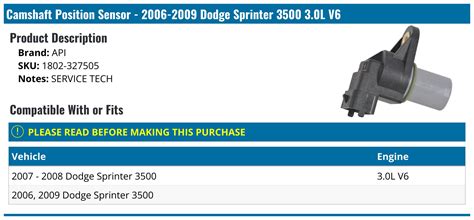 2006 2009 Dodge Sprinter 3500 Camshaft Position Sensor Api 18925