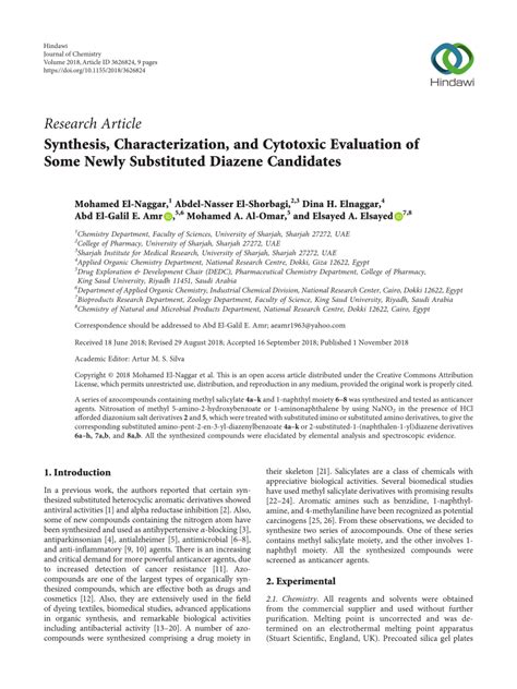 Pdf Synthesis Characterization And Cytotoxic Evaluation Of Some Newly Substituted Diazene