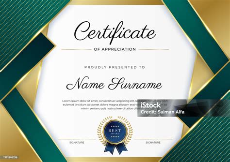 현대 우아한 짙은 녹색과 금 배지와 테두리가있는 업적 템플릿의 골드 인증서 졸업장 상 비즈니스 대학 학교 배경 및 기업을 위해 설계되었습니다 감탄에 대한 스톡 벡터 아트 및