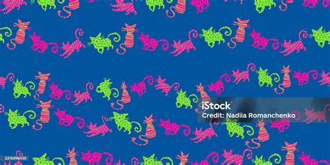 다채로운 추상 고양이 완벽 한 패턴 블루 배경에 현대 장난기 많은 고양이 실루엣 펑키 스폿과 줄무늬 아이 섬유 포스터 또는 웹 디자인 0명에 대한 스톡 벡터 아트 및 기타