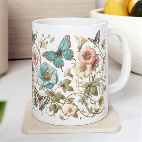 Butterfly And Floral Mug Vintage Botanical Coffee Cup With Blue And