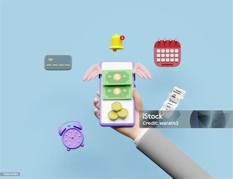 휴대 전화 동전과 스마트 폰 비행 달러 지폐 날개 달력 송장 분홍색으로 분리 된 종이 수표 영수증을 들고 사업가 손 인터넷 뱅킹 개념 3d 그림 또는 3d 렌더링 3차원