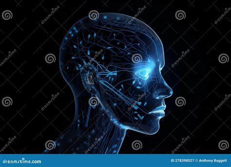 Neural Network Of Big Data And Artificial Intelligence Circuit Board In The Head Of A Blue Human
