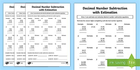 Tas Decimal Number Subtraction With Estimation Differentiated Worksheets