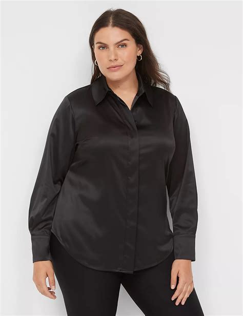 Long Sleeve Button Down Satin Shirt Lanebryant