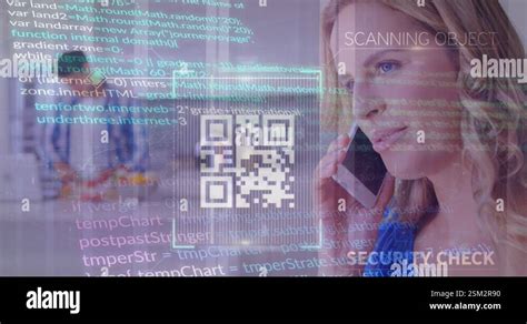 Animation Of Qr Code And Computer Language Over Caucasian Woman Talking On Stock Video Footage