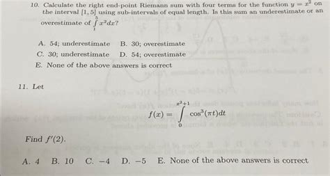 solved 10 calculate the right end point riemann sum with