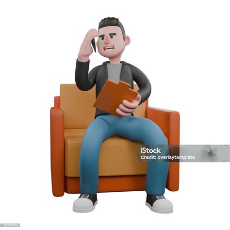 크리 에이 티브 3d 모델 남성 시나리오 작가는 소파에 앉아 오른손으로 전화를 받고 왼손은 클립보드를 들고 진지한 표정을 짓고 있습니다 아티스틱 일러스트레이션 3차원 형태에