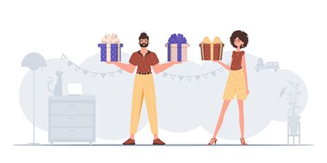 한 남자와 한 여자가 손에 선물 상자를 들고 있다 크리스마스 또는 새해를 위한 선물 개념 가상현실에 대한 스톡 벡터 아트 및