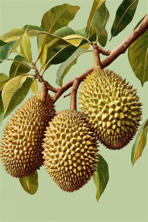Realistic Drawing Of Durian Branch With Green And Brown Stock