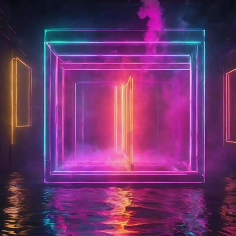 Premium Photo Neon Rectangular Frame With Smoke On The Surface Of The Water Neon Multicolored