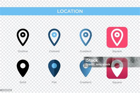 다른 스타일의 위치 아이콘입니다 위치 벡터 아이콘은 윤곽선 솔리드 색상 그라디언트 및 플랫 스타일로 설계되었습니다 기호 아이콘 그림 벡터 일러스트 레이 션 0명에 대한 스톡
