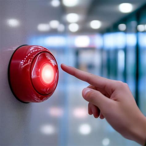 A Finger Is About To Press A Red Panic Button On A White Wall Premium