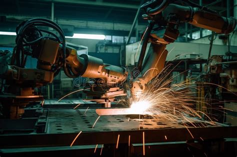 Robotic Welding Robots Welding In Workshop Of Industrial Plant Stock Illustration