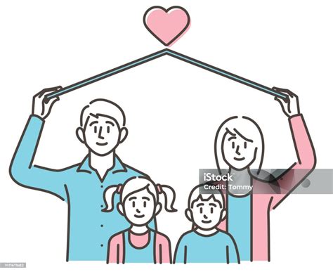 집을 대표하는 지붕 아래 네 명의 가족 벡터 일러스트레이션 4 명에 대한 스톡 벡터 아트 및 기타 이미지 4 명 가족 가족과 함께 집에 Istock