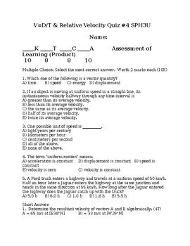 RELATIVE VELOCITY V D T VECTORS QUIZ Grade Physics Quiz WITH ANSWERS