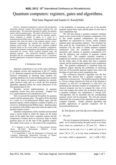 PDF Quantum Computers Registers Gates And Algorithms