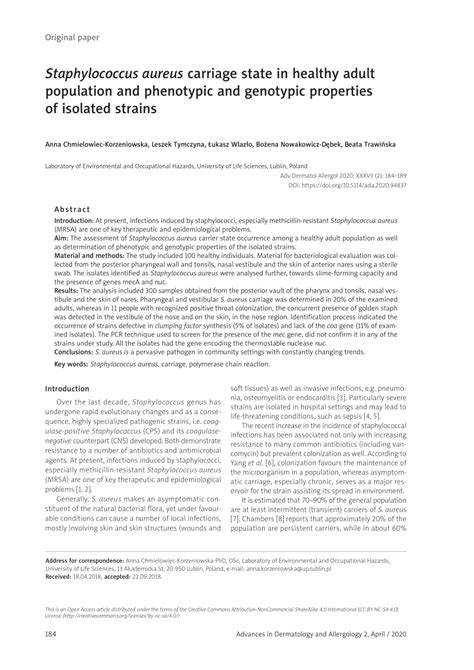 Pdf Staphylococcus Aureus Carriage State In Healthy Adult Population And Phenotypic And