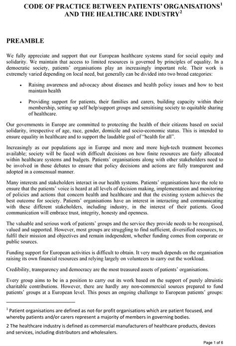 Code Of Practice Between Patient Organisations And The Healthcare