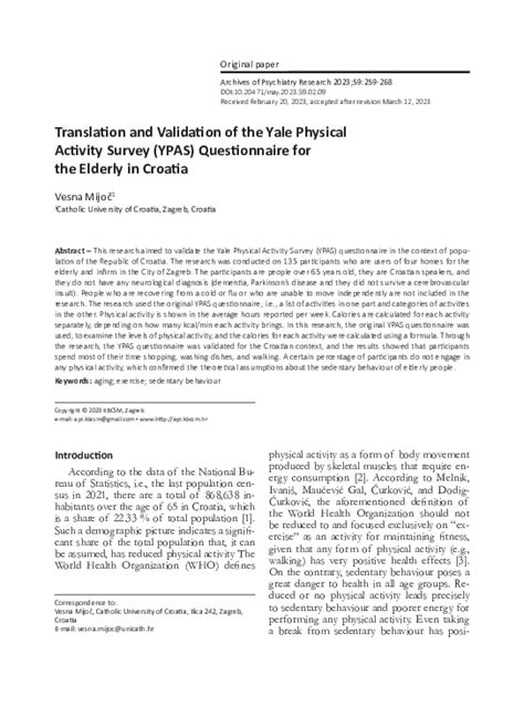 Pdf Translation And Validation Of The Yale Physical Activity Survey Ypas Questionnaire For