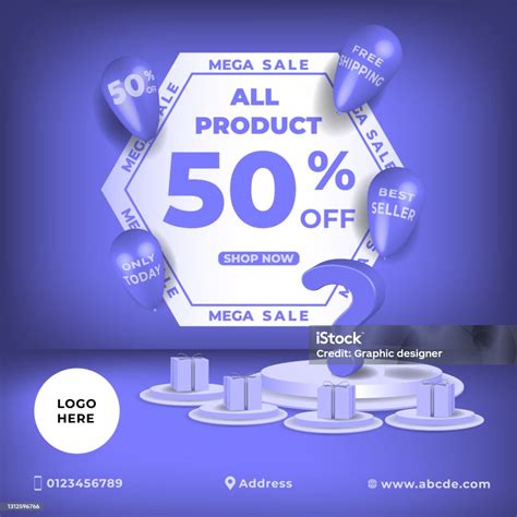 파란색 배경이있는 3d 메가 판매 프로모션 배너 템플릿과 풍선에 대한 현실적인 텍스트 마케팅 소셜 미디어 게시물 프로모션 포스터 브로셔 및 쇼 제품의 벡터 일러스트레이션