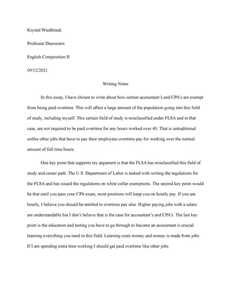 English Composition II Writing Notes Krystal Wiedbrauk Professor Desrosiers English