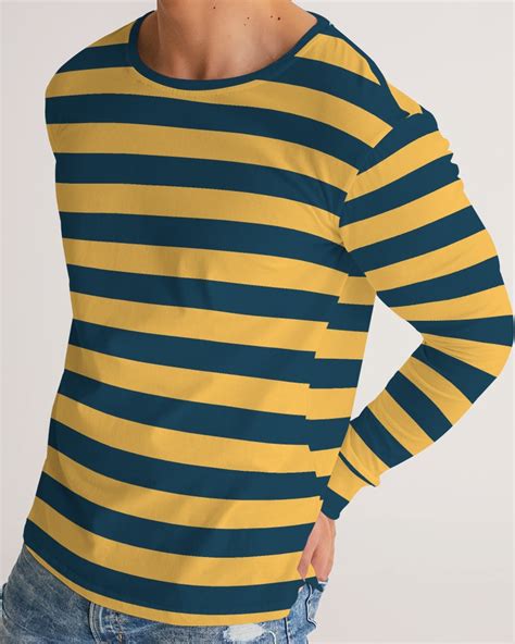 Blue And Yellow Stripes Men Long Sleeve Tshirt Wide Striped Unisex Wo