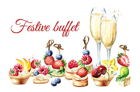 축제 분위기 뷔페 달콤한 카나페 타르트 과일 베리 샴페인 한 잔 흰색 배경에 격리 된 수채화 손으로 그린 그림 과일에 대한 스톡