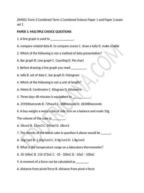 Zimsec Form 2 Combined Term 2 Combined Science Paper 1 And Paper 2 Exam Set 1 Pdf Density